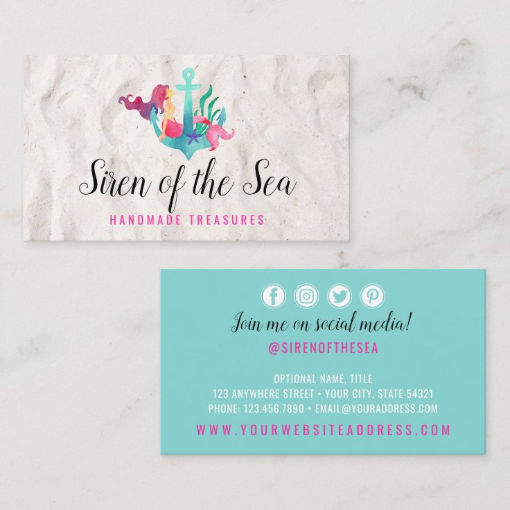 Mermaid on Anchor Nautical Watercolor Social Media Business Card | Zazzle
