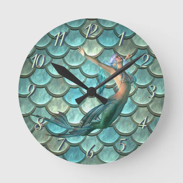 Mermaid On Mermaid Tail Scales Round Clock | Zazzle