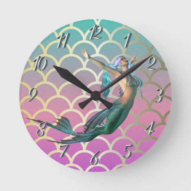 Mermaid On Ombre Mermaid Tail Scales Round Clock | Zazzle