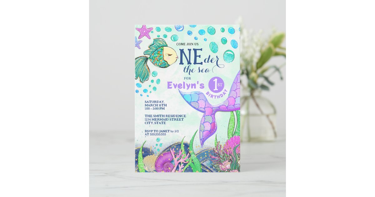 Mermaid ONEder the Sea 1st Birthday Invitation | Zazzle