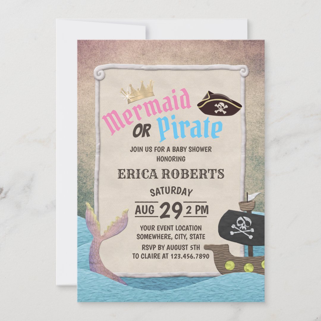 Mermaid or Pirate Cute Gender Reveal Baby Shower Invitation | Zazzle