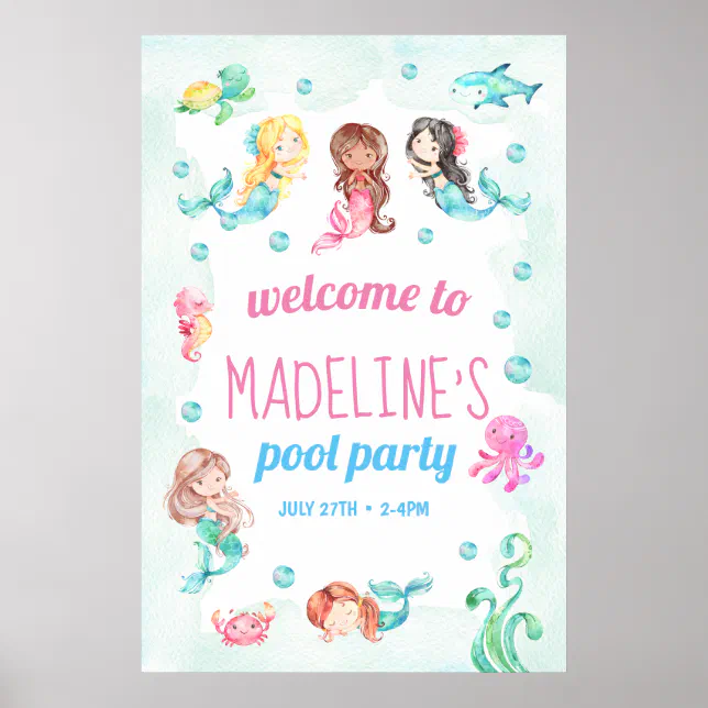 Mermaid party sign, mermaid welcome sign poster | Zazzle