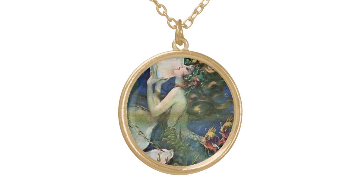 Mermaid Pin Up Girl Vintage Art Gold Plated Necklace | Zazzle