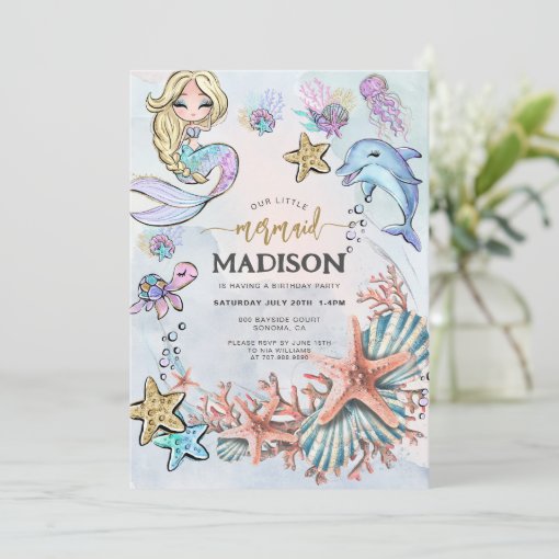 Mermaid Pink Blue Birthday Invitation | Zazzle