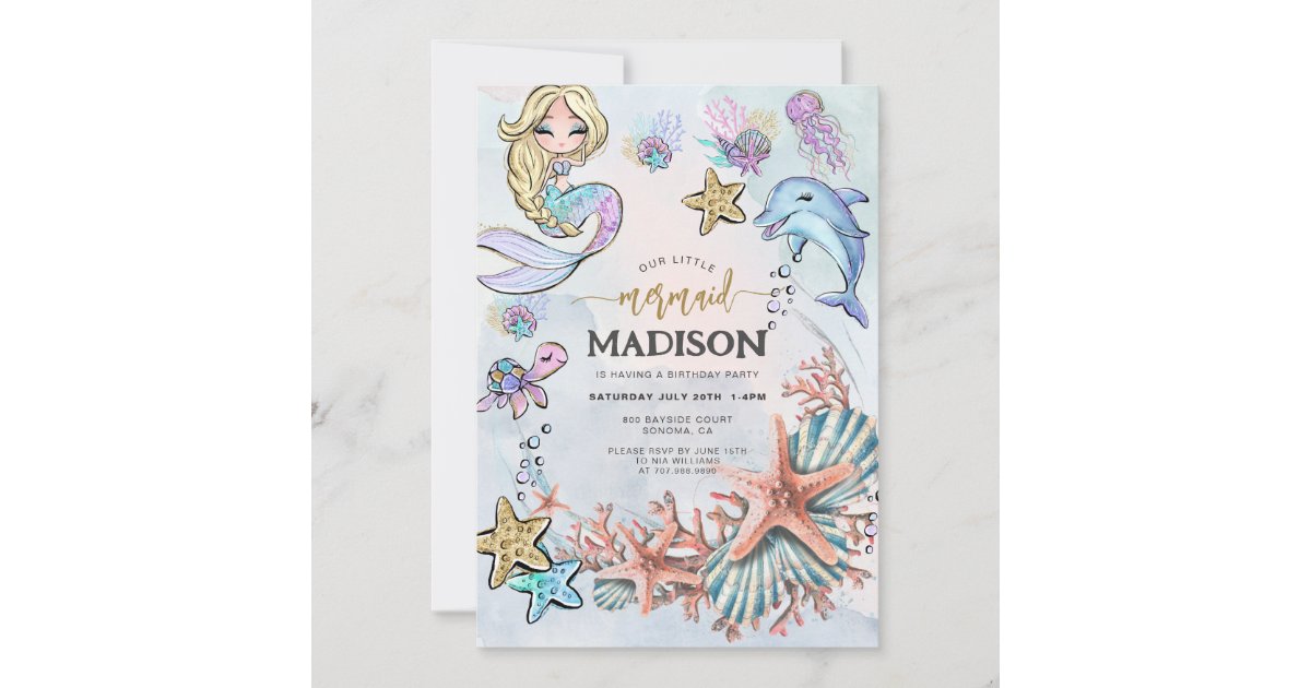 Mermaid Pink Blue Birthday Invitation | Zazzle