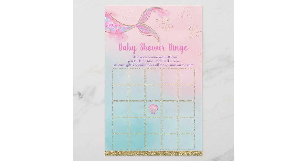 Mermaid Pink Gold Baby Shower Bingo Game | Zazzle