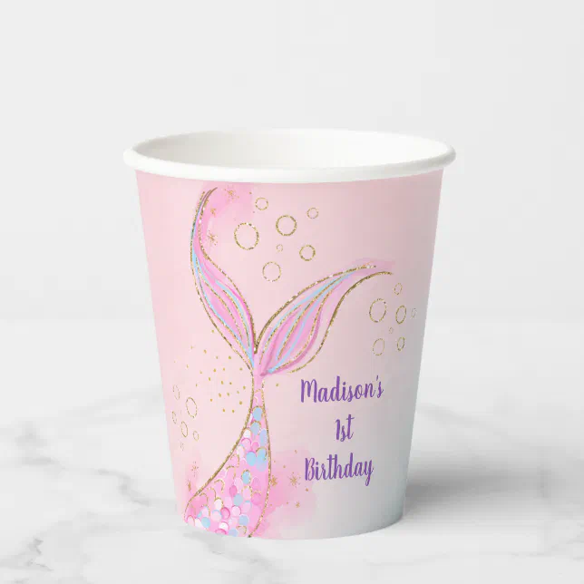 Mermaid Pink Gold Under The Sea Birthday Paper Cups | Zazzle