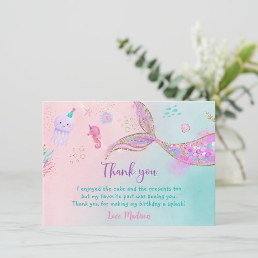 Mermaid Pink Purple Birthday Thank You Card | Zazzle