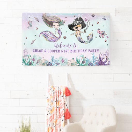 Mermaid Pirate Joint Twins Birthday Party Backdrop Banner | Zazzle