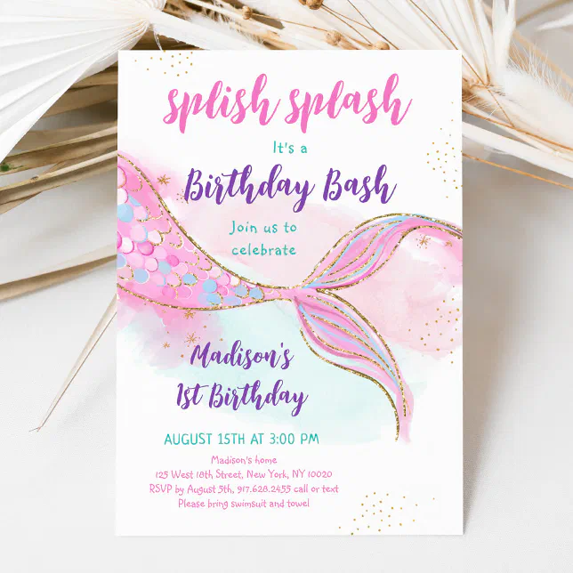 Mermaid Pool Party Pink Gold Birthday Invitation | Zazzle
