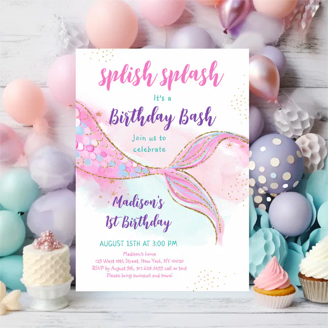Mermaid Pool Party Pink Gold Birthday Invitation | Zazzle