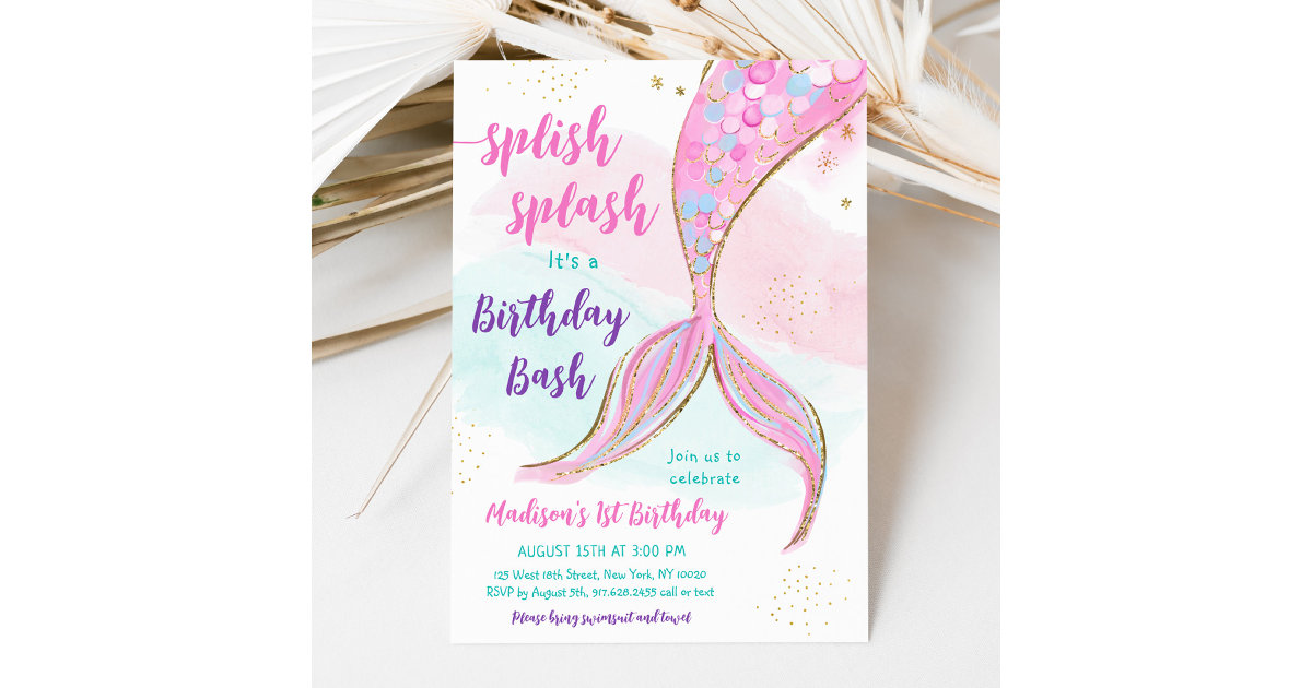 Mermaid Pool Party Pink Purple Birthday Invitation | Zazzle