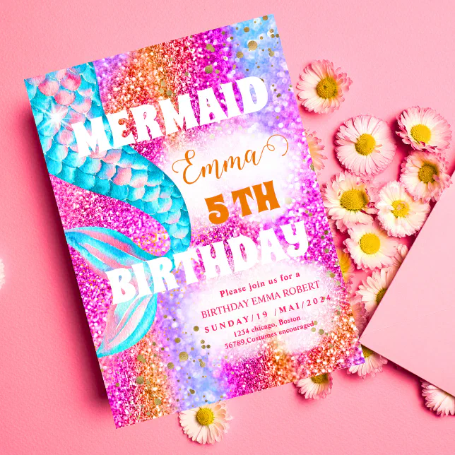 Mermaid Pool sea Party Pink birthday Bright Invitation | Zazzle