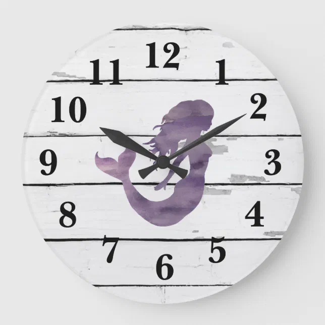 Mermaid Purple Beach Decor Rustic Shiplap Large Clock | Zazzle