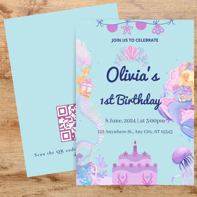 Mermaid QR Code under sea 1st Birthday Invitation | Zazzle