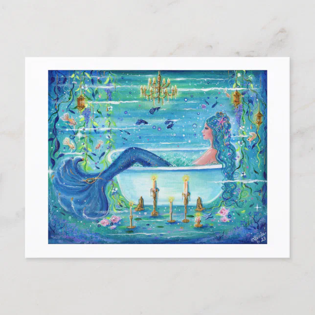 Mermaid relaxing in a bath by Renee Lavoie Postcard | Zazzle