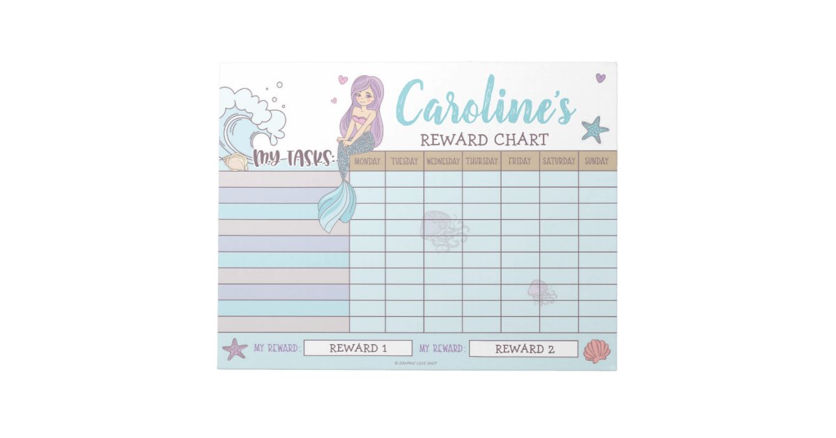 Mermaid Reward Chart Personalized Name & Tasks Notepad | Zazzle