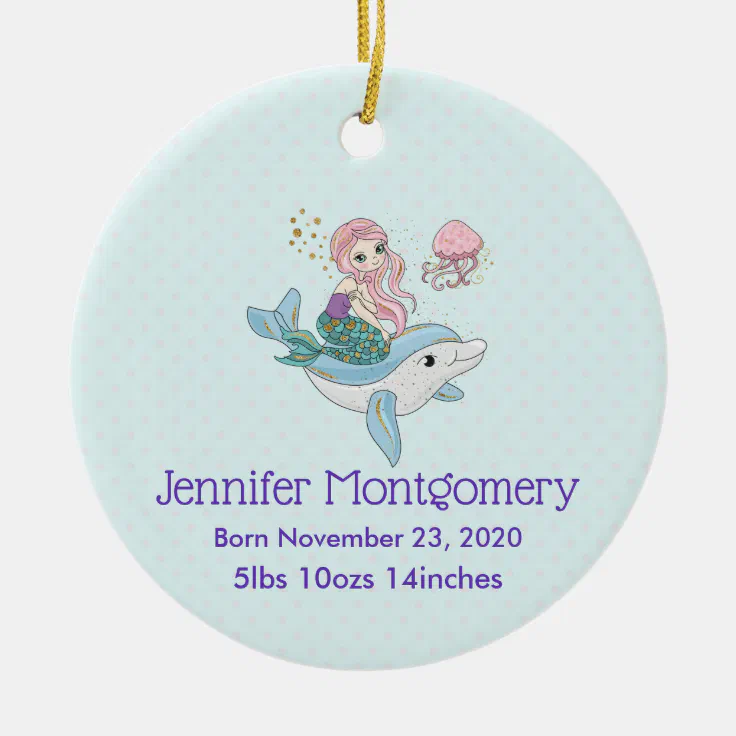 Mermaid Riding a Dolphin Under the Sea Baby Birth Ceramic Ornament | Zazzle