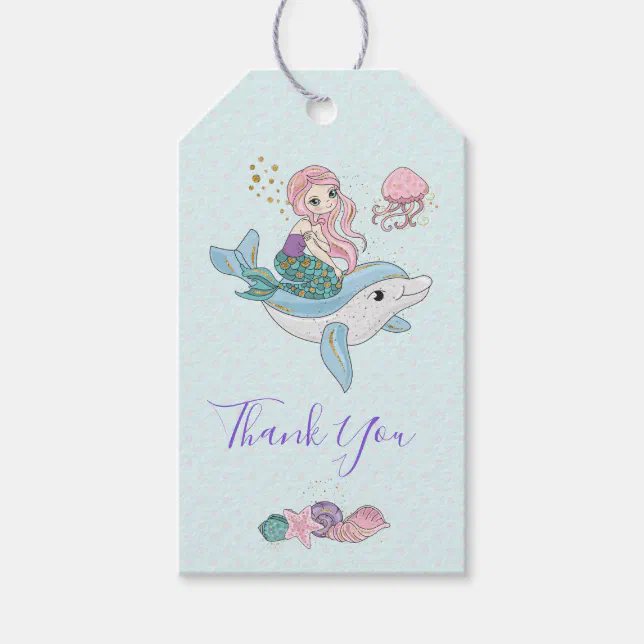 Mermaid Riding a Dolphin Under the Sea Thank You Gift Tags | Zazzle