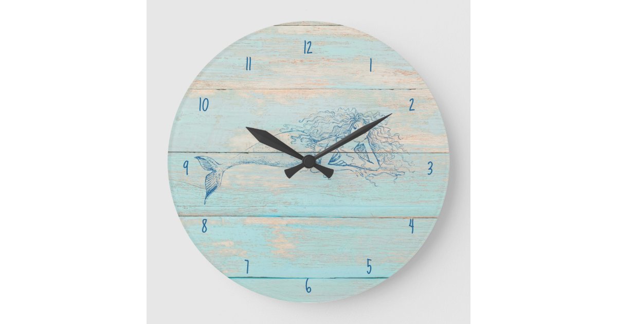 Mermaid Rustic Beach Wood Coastal Large Clock | Zazzle