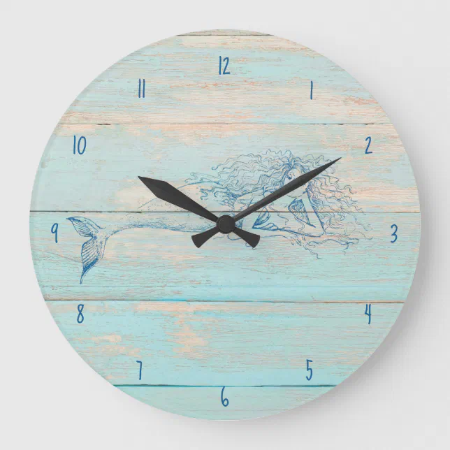 Mermaid Rustic Beach Wood Coastal Large Clock | Zazzle