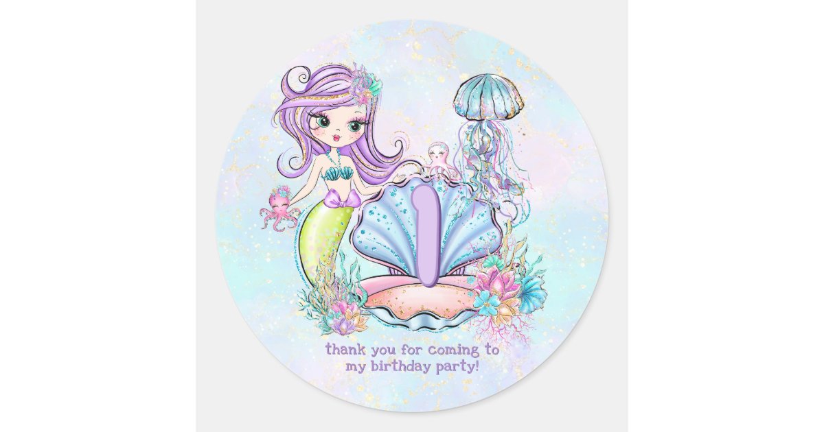 Mermaid Sea Life | Birthday Party with Custom Age Classic Round Sticker ...
