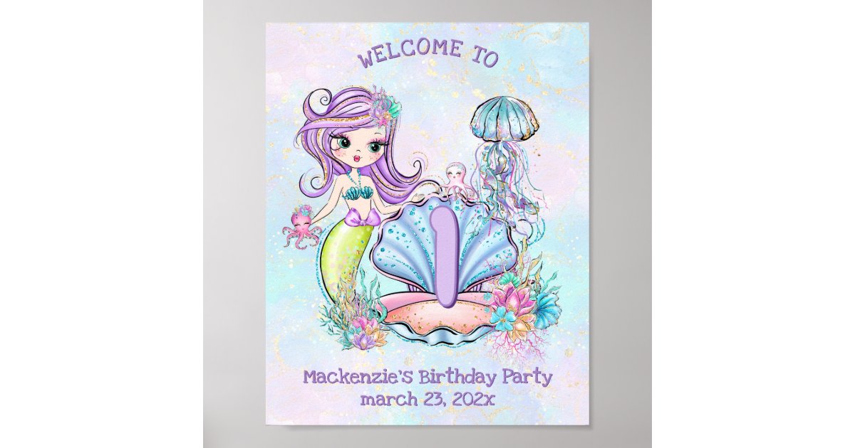 Mermaid Sea Life | Birthday Party with Custom Age Poster | Zazzle