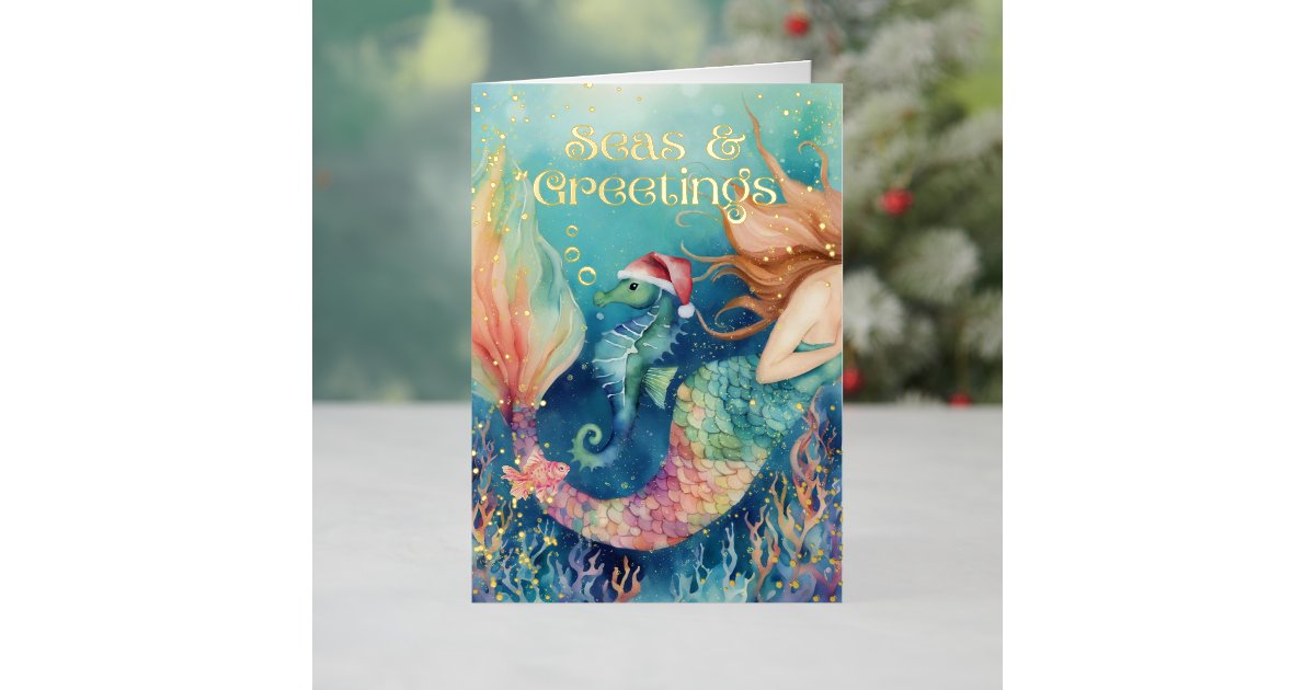 Mermaid Seahorse Santa Sea Nautical Christmas Foil Holiday Card | Zazzle