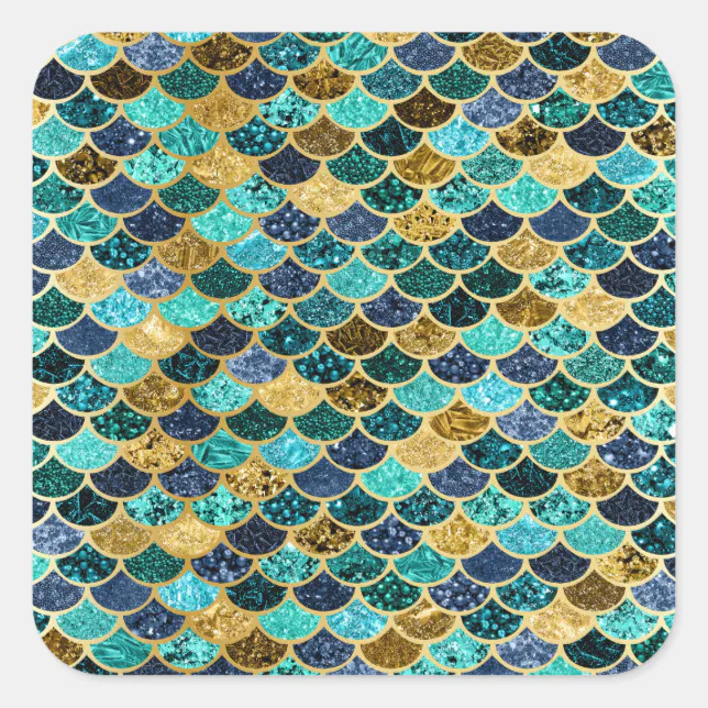 Mermaid Skin Fish Scales Gold Teal Turquoise Square Sticker | Zazzle