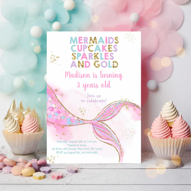 Mermaid Sparkles Gold Birthday Invitation | Zazzle