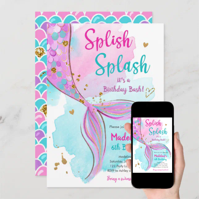 Mermaid Splish Splash Birthday Bash Girl Gold Invi Invitation | Zazzle