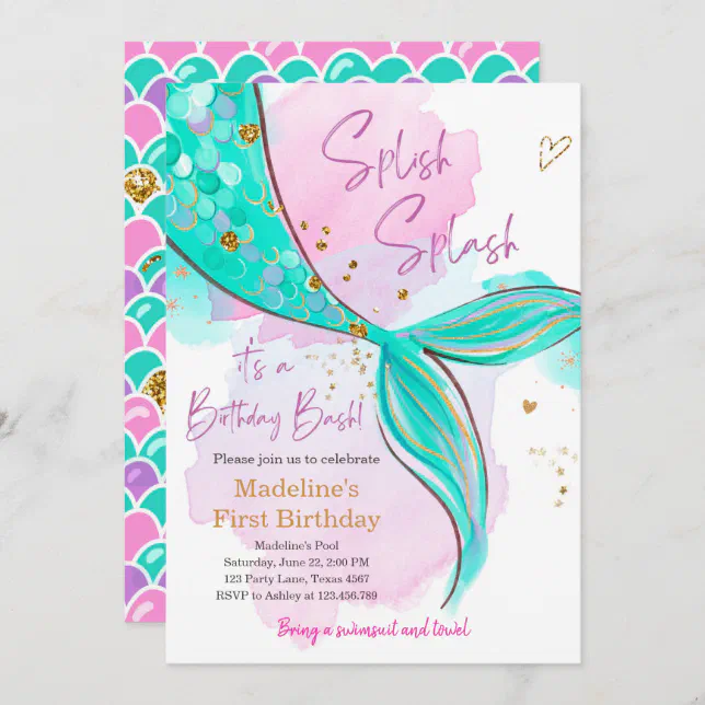 Mermaid Splish Splash Pool Party Girl Birthday Inv Invitation | Zazzle