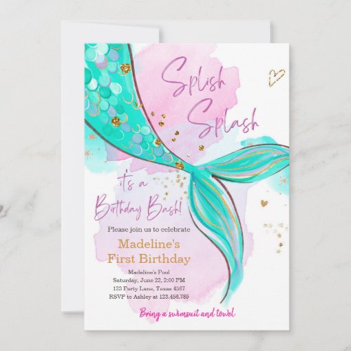 Mermaid Splish Splash Pool Party Girl Birthday Inv Invitation | Zazzle