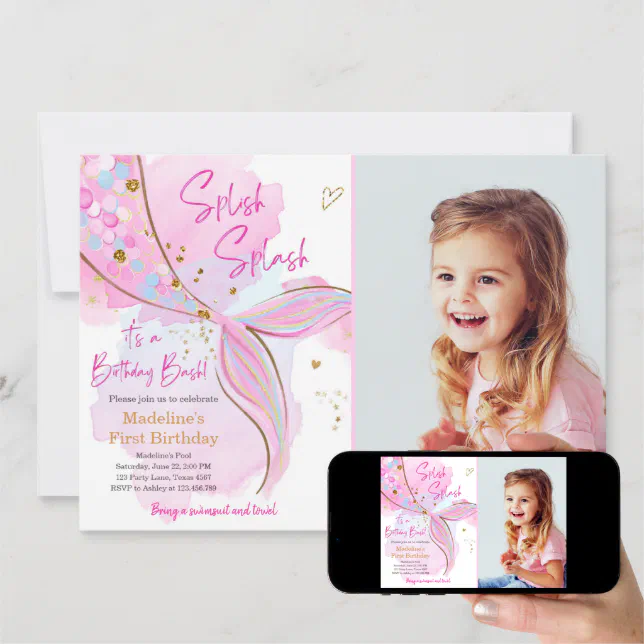Mermaid Splish Splash Pool Party Girl Birthday Inv Invitation | Zazzle