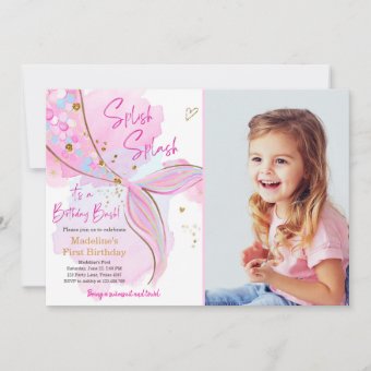 Mermaid Splish Splash Pool Party Girl Birthday Inv Invitation | Zazzle