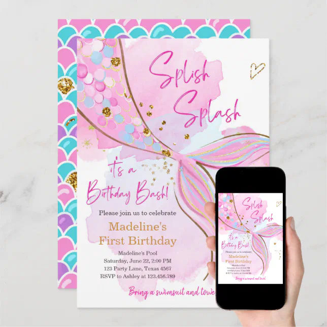 Mermaid Splish Splash Pool Party Girl Birthday Inv Invitation | Zazzle