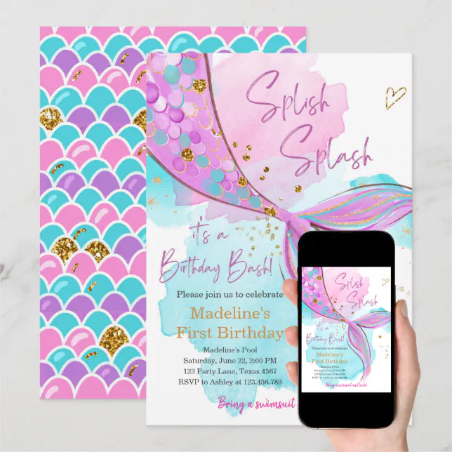 Mermaid Splish Splash Pool Party Girl Birthday Invitation | Zazzle