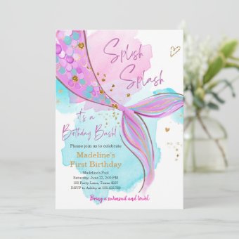 Mermaid Splish Splash Pool Party Girl Birthday Invitation | Zazzle