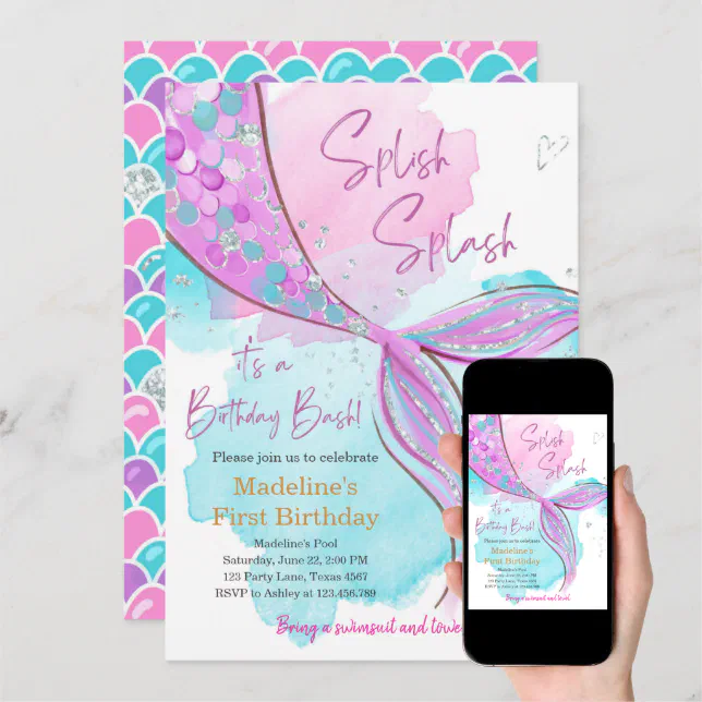 Mermaid Splish Splash Pool Party Girl Birthday Invitation | Zazzle