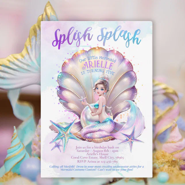 Mermaid Splish Splash Pool Party Girl Birthday Invitation | Zazzle