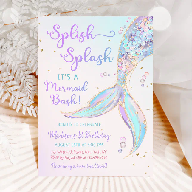 Mermaid Summer Pool 1st Birthday Party Invitation | Zazzle