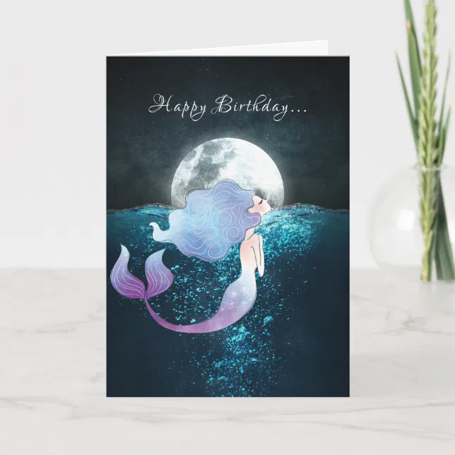 Mermaid Swimming with a Full Moon Beach Birthday Card | Zazzle