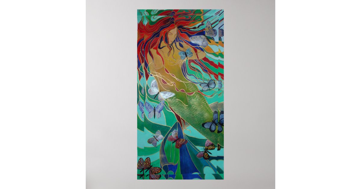 Mermaid Swimming with Butterflies Fantasy Art Poster | Zazzle