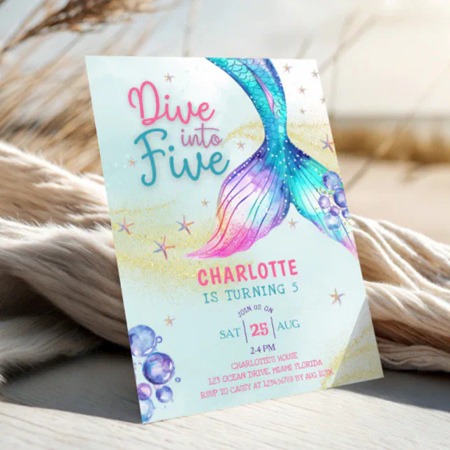 Mermaid Tail Dive into Five 5th birthday Invitation | Zazzle