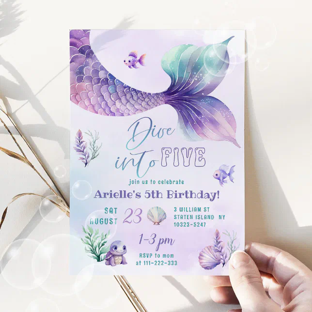 Mermaid tail Dive into Five 5th birthday party Invitation | Zazzle