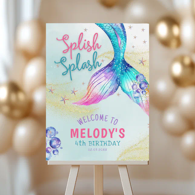 Mermaid Tail Splish Splash birthday Welcome Foam Board | Zazzle