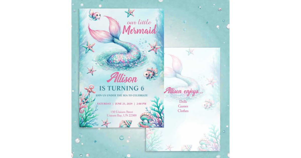 Mermaid Tail Teal Pink Girly Birthday Invitation | Zazzle