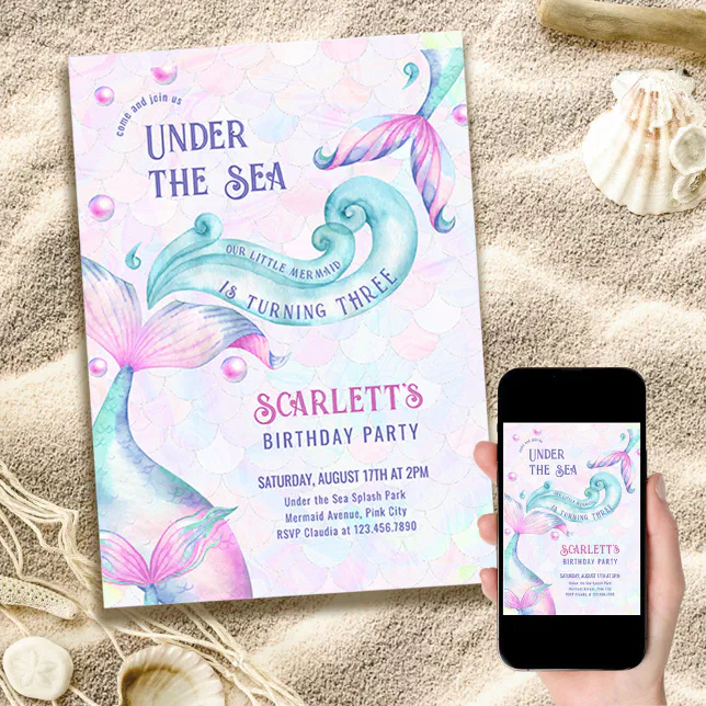 Mermaid Tails Under the Sea Girls Birthday Party Invitation | Zazzle