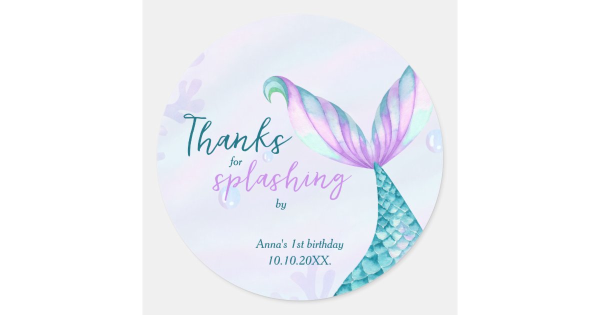 Mermaid Thanks for Splashing by Birthday Classic Round Sticker | Zazzle