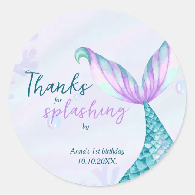 Mermaid Thanks for Splashing by Birthday Classic Round Sticker | Zazzle